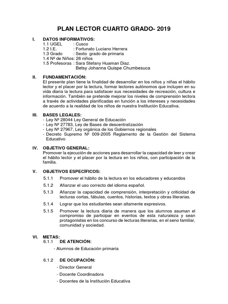 Plan Lector Cuarto Grado 2019 | PDF | Comprensión lectora | Educación ...