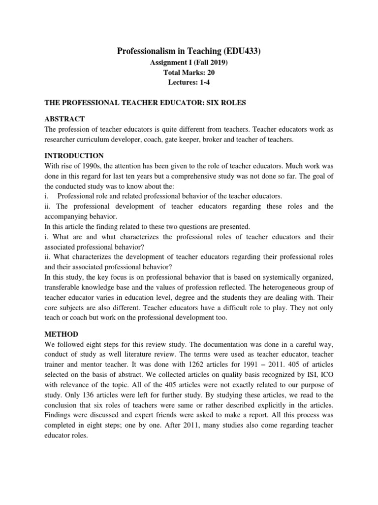 Fall 2019 - Edu433 - 1 - BC180203854 | PDF | Teachers | Teacher Education