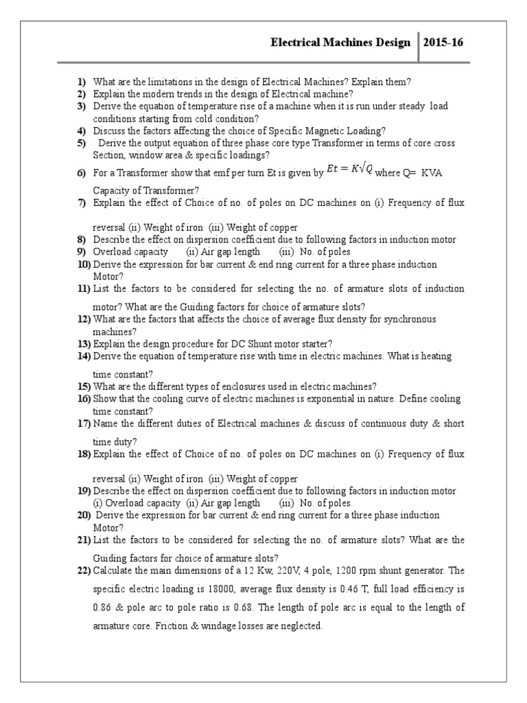Electrical Machine Design Question Bank | PDF | Electric Motor ...