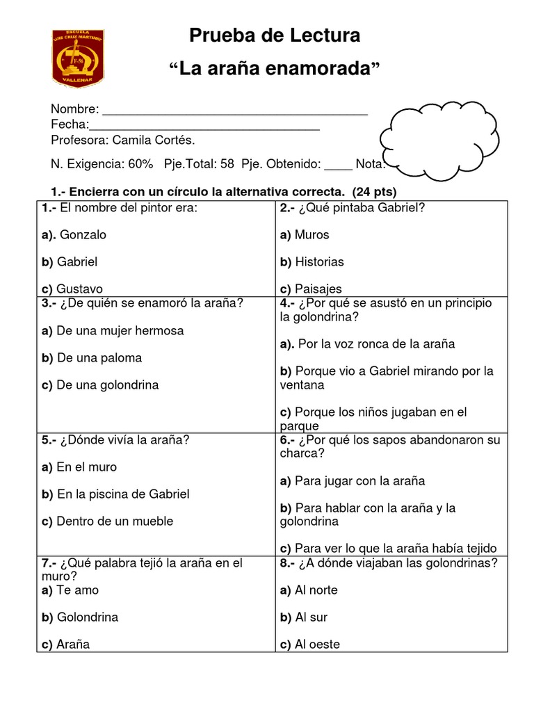 Prueba Comprención de Lectura La Araña Enamorada | PDF