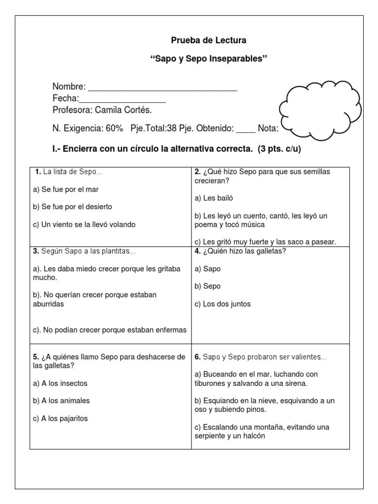 Prueba Comprención de Lectura Sapo y Sepo Inseparables | PDF | Ocio