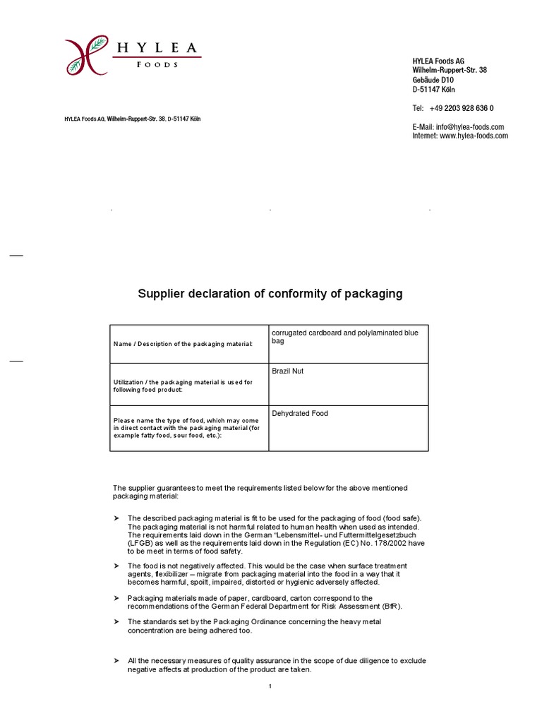Hylea Foods - Supplier Declaration of Conformity of Packaging 2019.PDF ...
