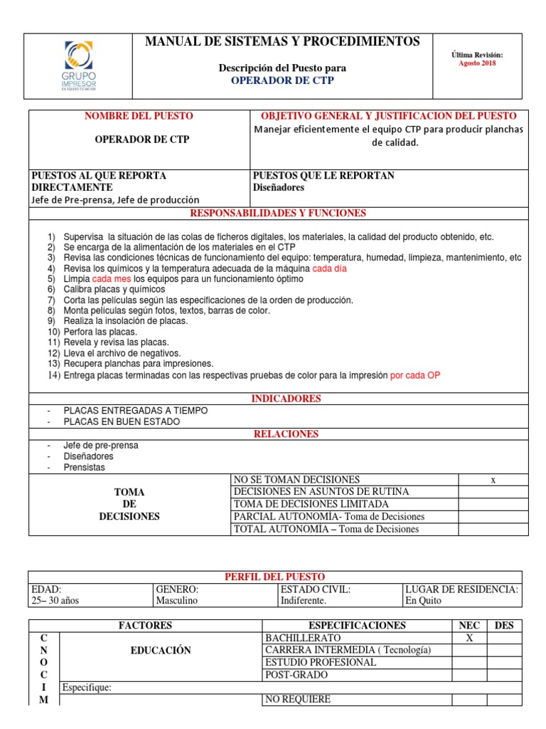 Descripción del Puesto: Operador de CTP | PDF