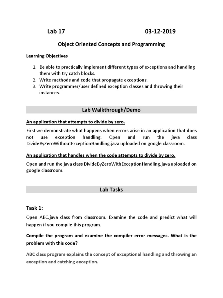 Labmanual Lab17 Exceptionhandling C | PDF | Computer Program | Programming