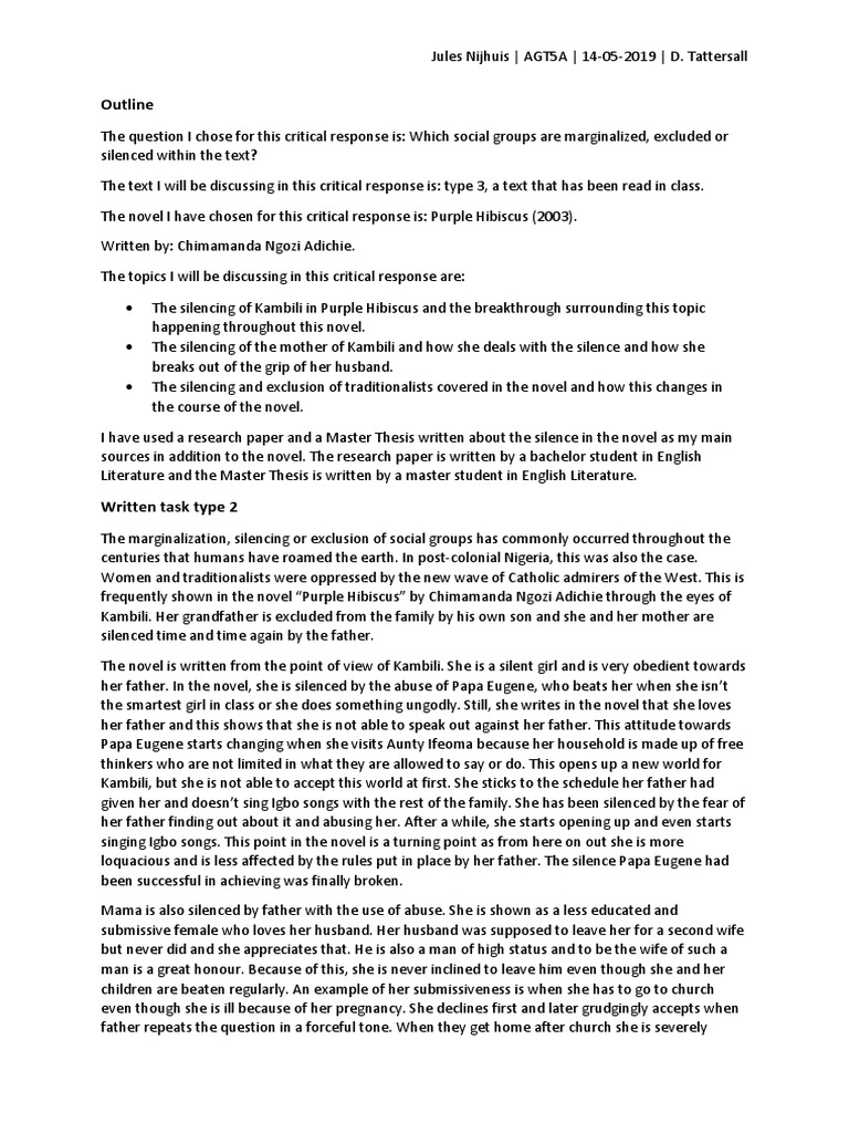 Purple Hibiscus Written Task Type 2 | PDF | Social Exclusion