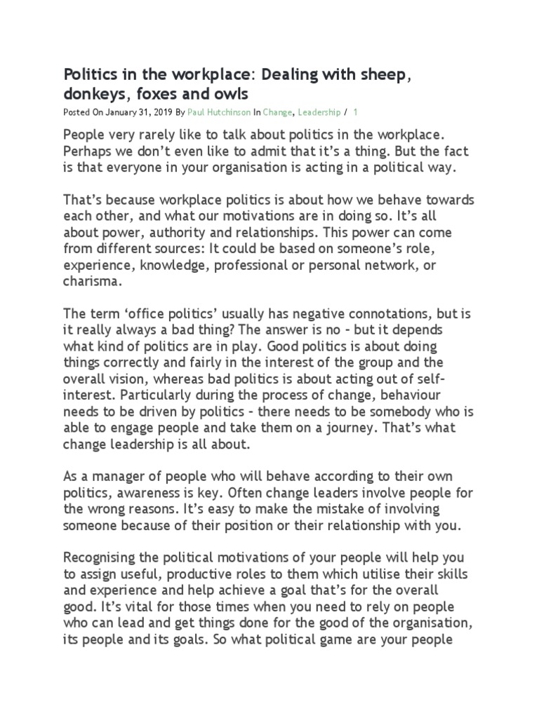 Politics in The Workplace | PDF | Leadership | Motivation