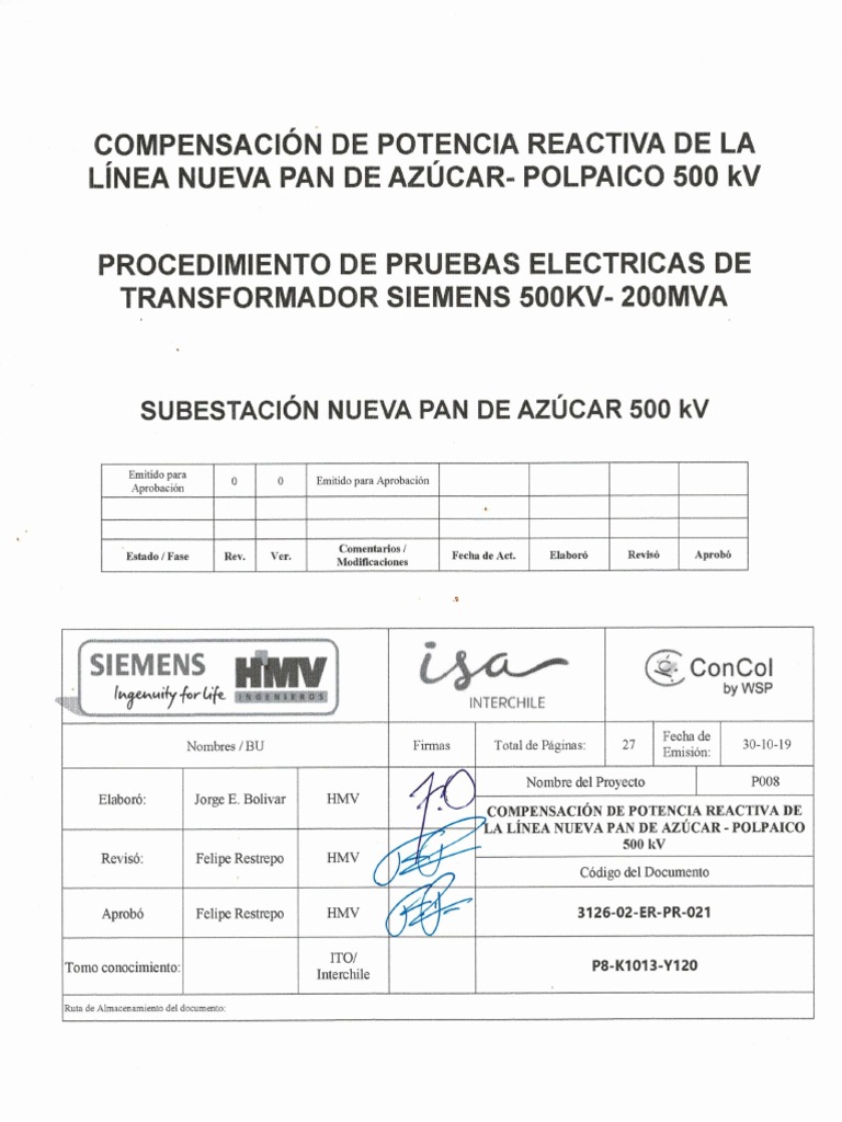 3126-02-ER-PR-021 - Pruebas Electricas de Transformador Rev.0 | PDF | Transformador | Residuos