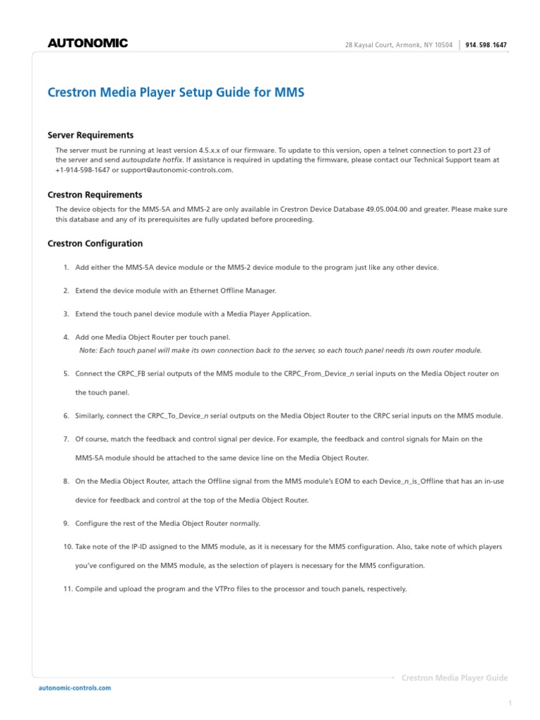 Crestron Media Player MMS Setup Guide | PDF | Touchscreen | Server (Computing)