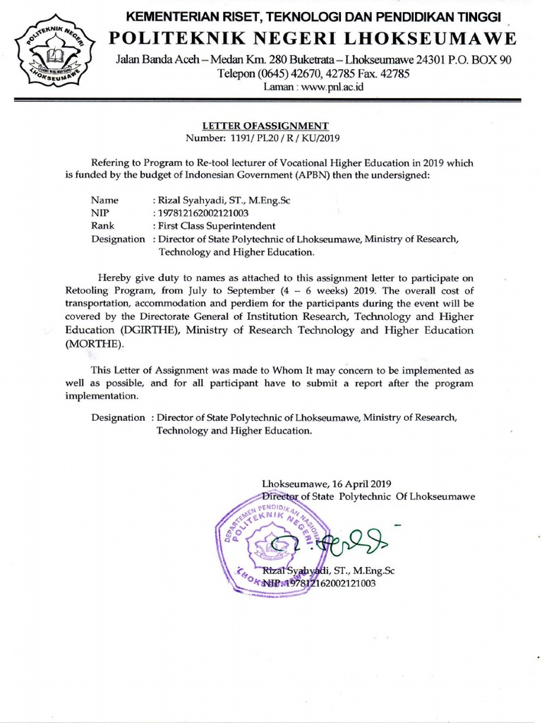 Letter of Assignment