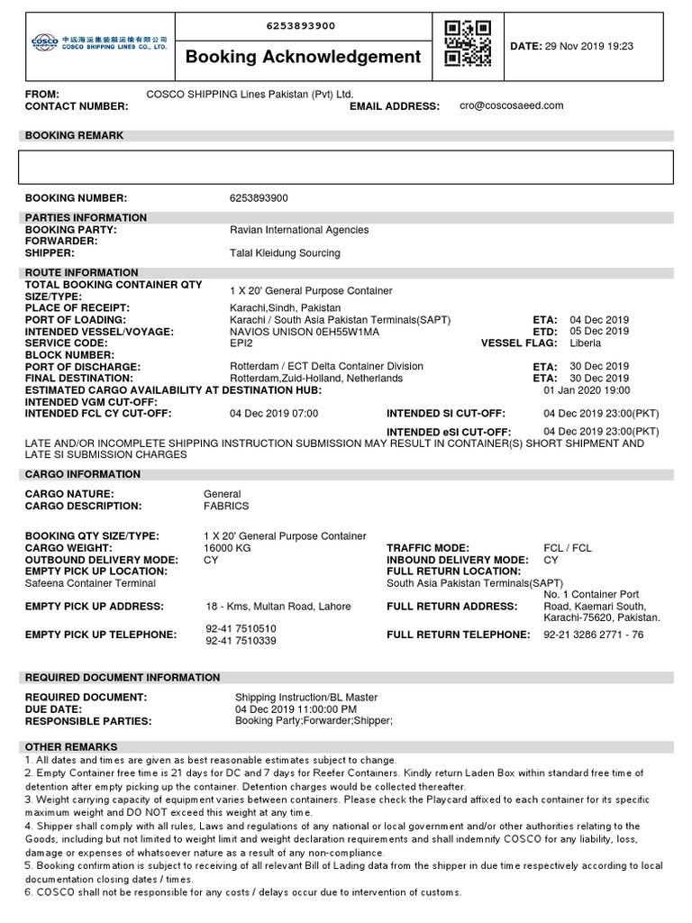 Booking Confirmation for 1x20' General Purpose Container Transporting ...