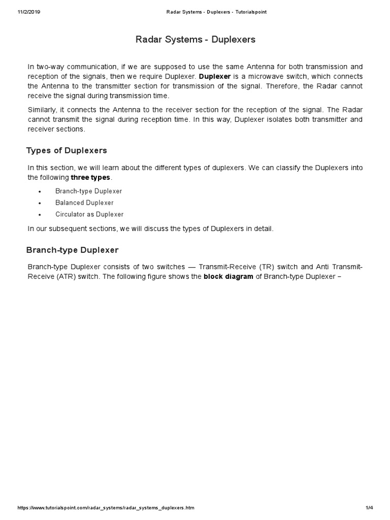 Radar Systems - Duplexers - Tutorialspoint | PDF | Antenna (Radio ...