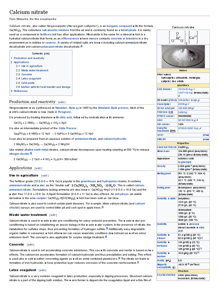 Calcium Nitrate (Wiki) | PDF | Chemical Compounds | Atoms