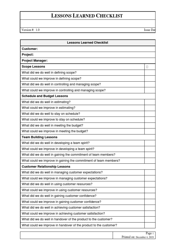 Lessons Learned Checklist Template | PDF | Customer | Business
