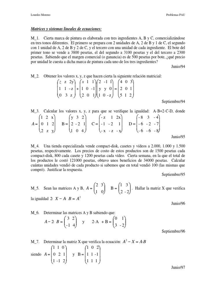 Examenes Evau Matrices | PDF | Matriz (Matemáticas) | Ecuaciones