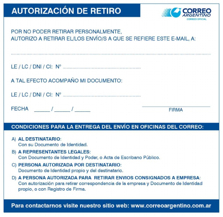 Autorizacion de Retiro Correo Argentino 190701125212 PDF | PDF