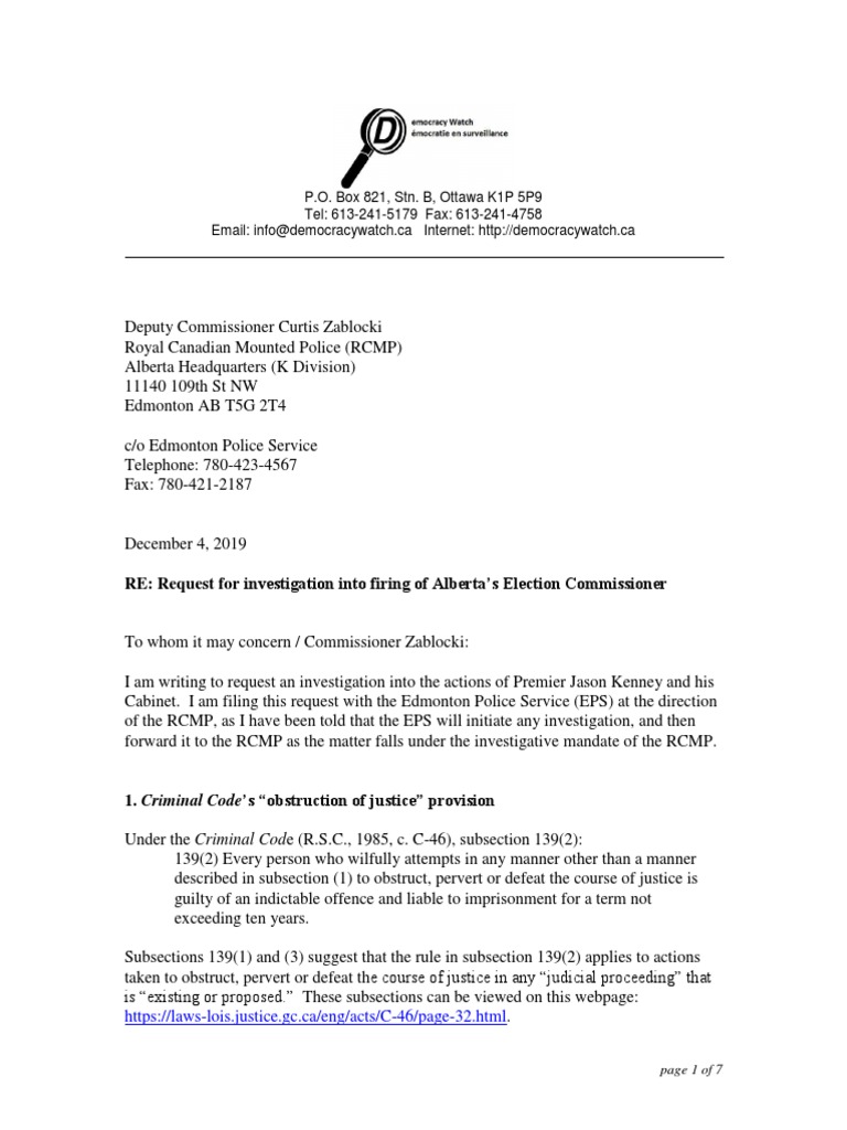 Democracy Watch Letter To Alberta RCMP | PDF | Conflict Of Interest ...