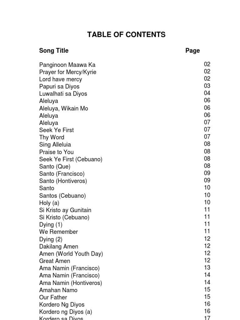 Table of Contents 2 - Songbook | PDF