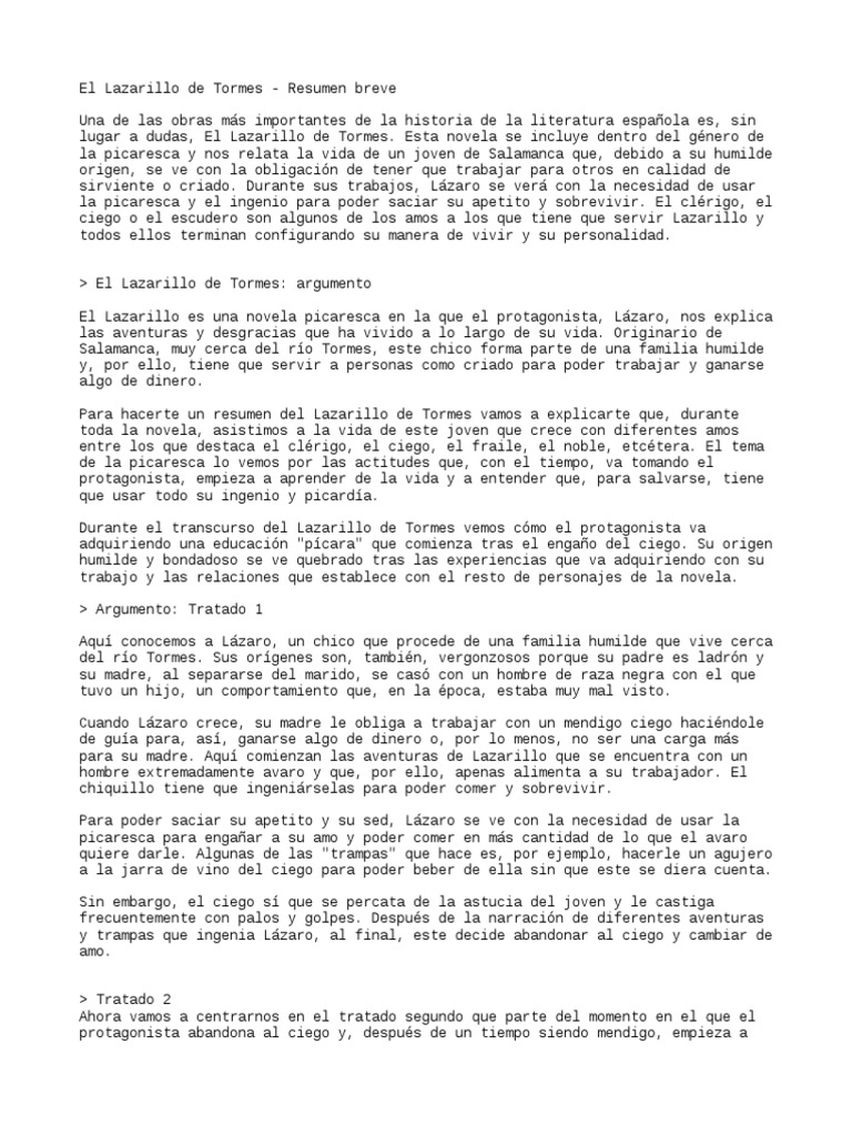 El Lazarillo de Tormes - Resumen | PDF | Novelas