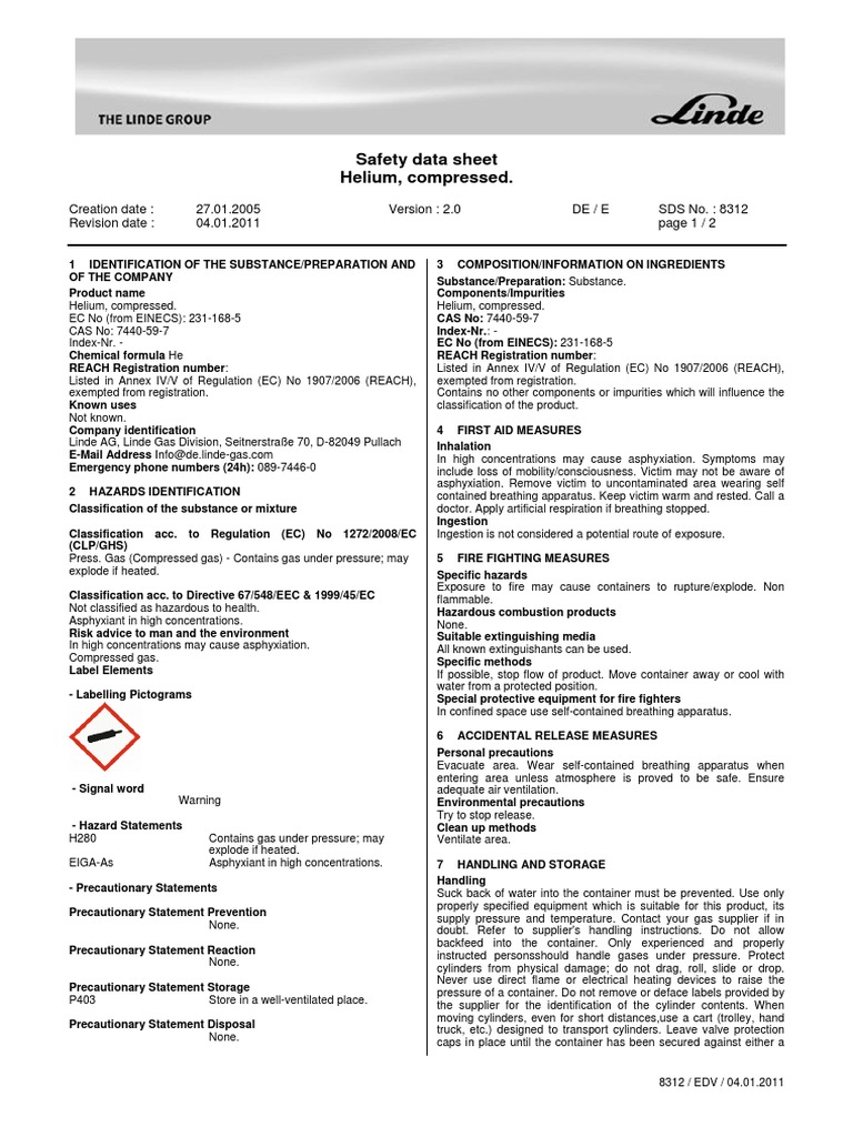 MSDS Helium Linde | Download Free PDF | Gases | Prevention