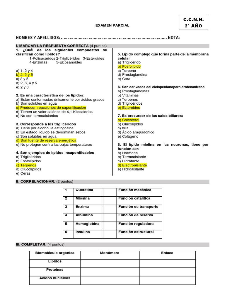 Examen Parcial CCNN 2 de | PDF | Lípido | Rna