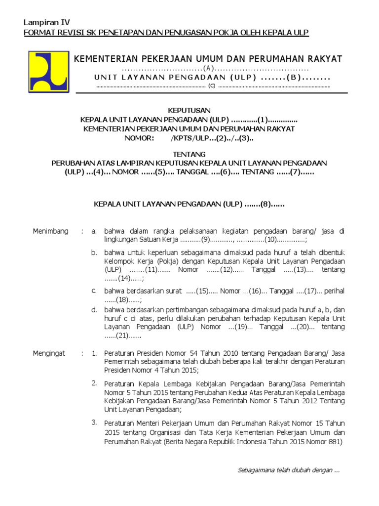 Lampiran IV Format REVISI SK Penetapan Dan Penugasan Pokja 2018 | PDF