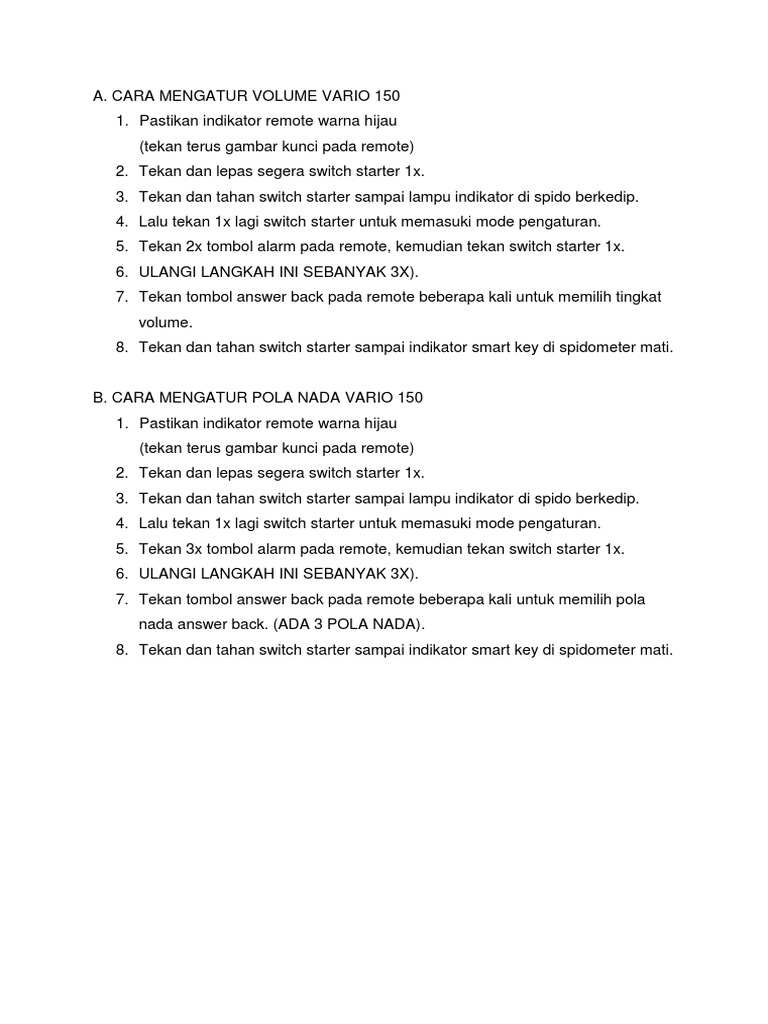 Volume Dan Pola Nada Smart Key Vario 150 | PDF