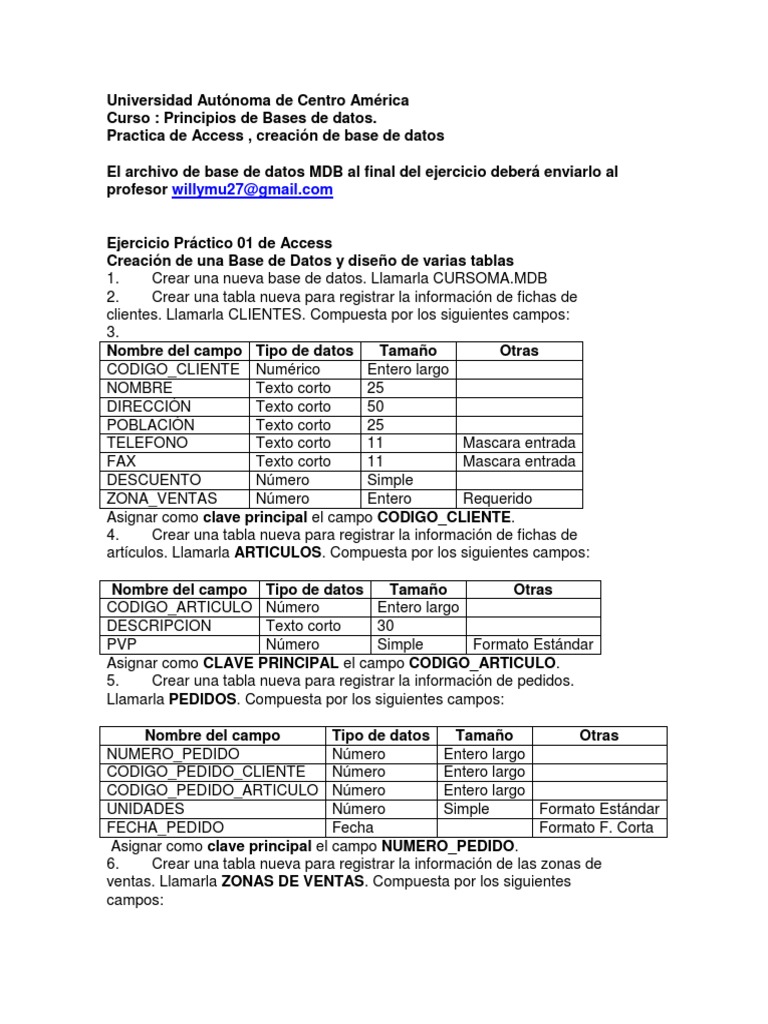 Ejercicios de Practica de Access Curso Bases de Datos | PDF | Tabla (base de datos) | Bases de datos