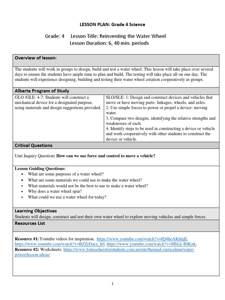 Waterwheels Lesson Plan | PDF | Wheel | Machines