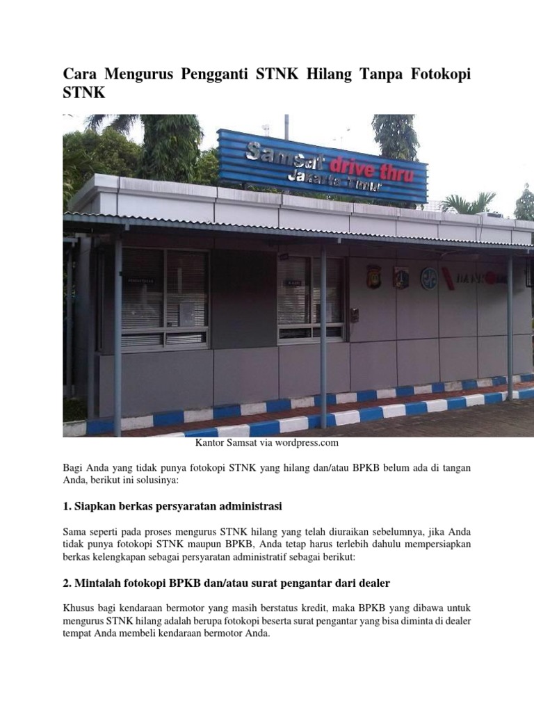 Cara Mengurus Pengganti STNK Hilang Tanpa Fotokopi STNK | PDF