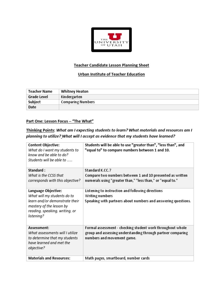 Comparing Numbers Lesson Plan | PDF | Teachers | Lesson Plan
