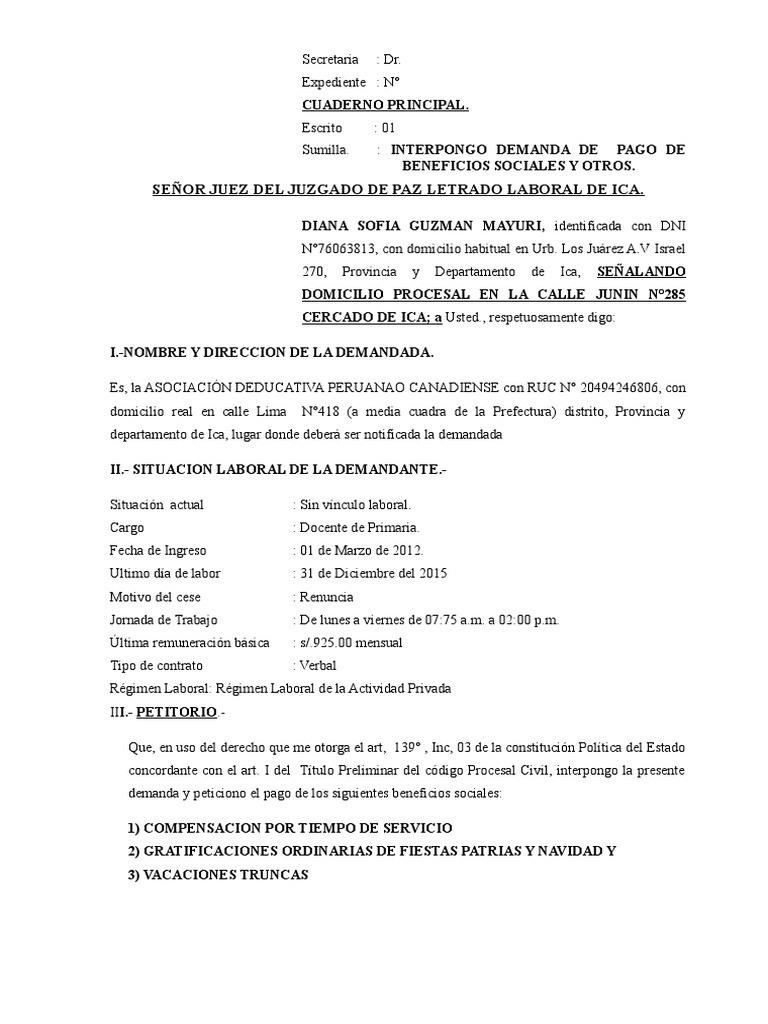 Demanda de Pago de Beneficios Sociales 2 | PDF | Derecho laboral | Salario