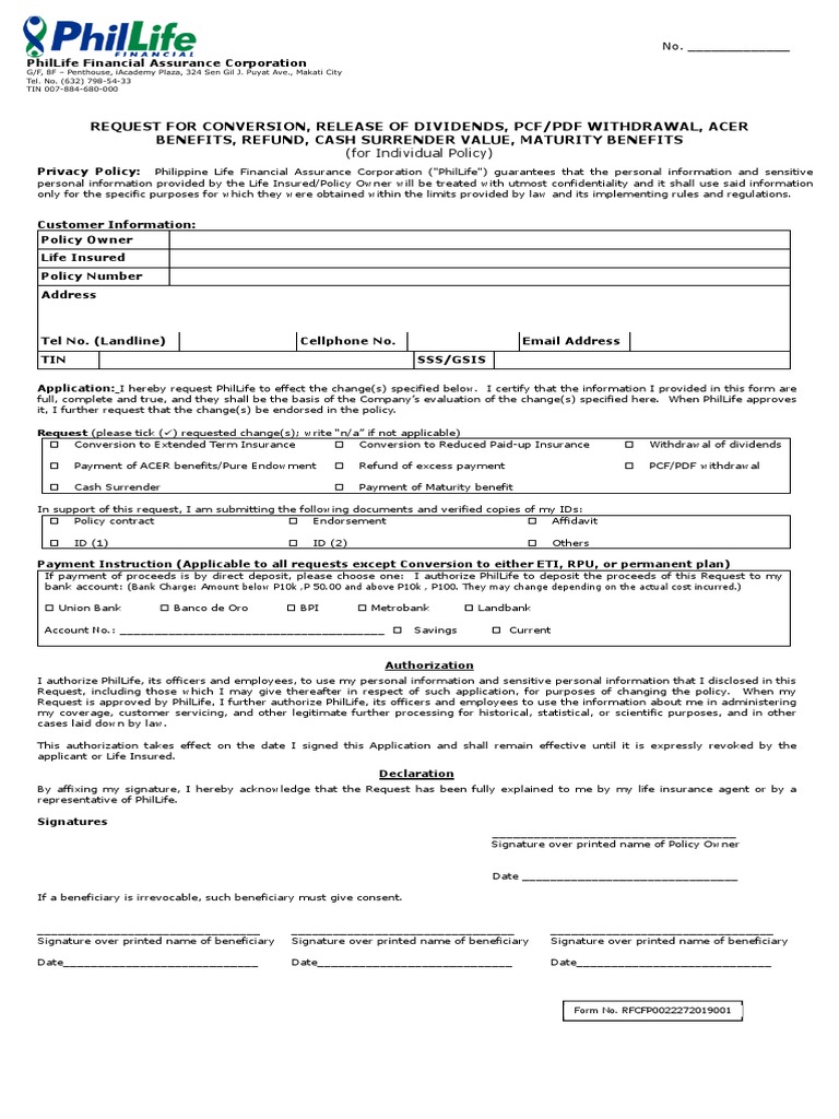 PhilLife Policy Change Request Form | PDF | Life Insurance | Insurance