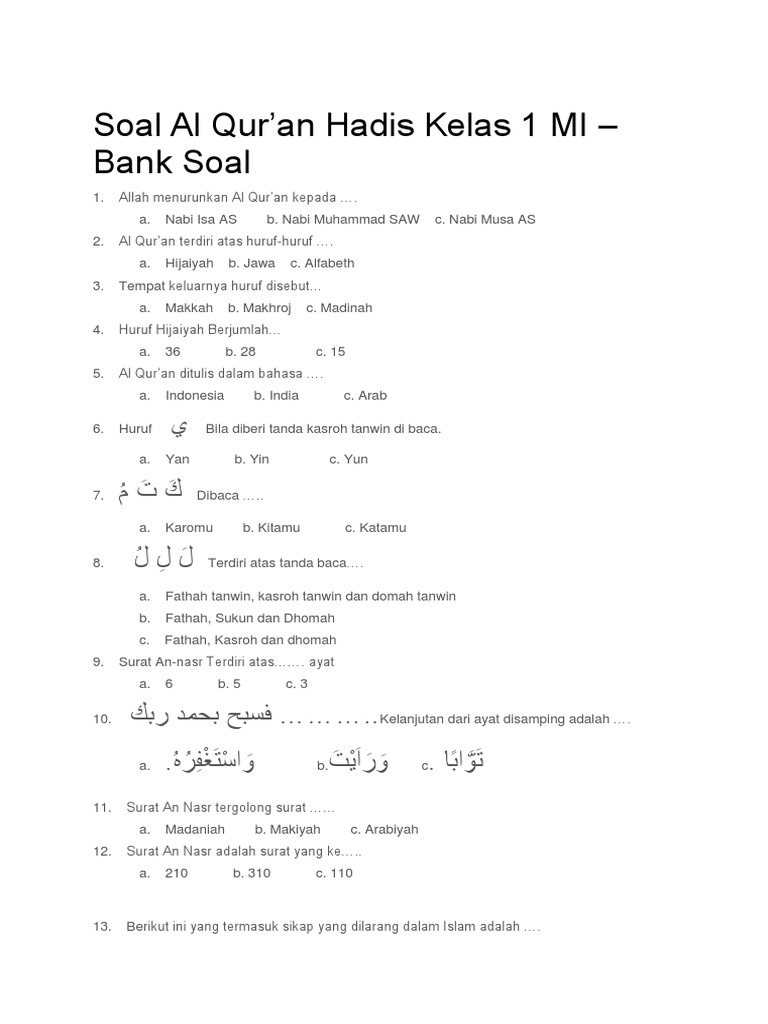 Soal Al Qur'an Hadis Semester 1 Kelas 1 | PDF | Agama & Spiritualitas