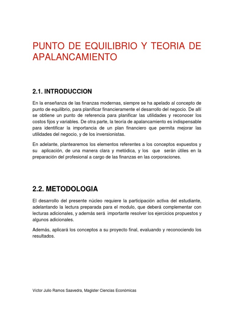 Punto de Equilibrio y Apalancamientos | PDF | Apalancamiento (Finanzas) | Palanca