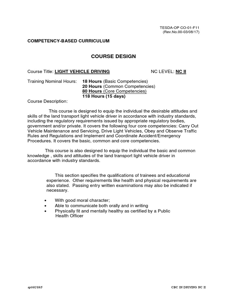 CBC Driving NC II Edited | PDF | Occupational Safety And Health | Risk