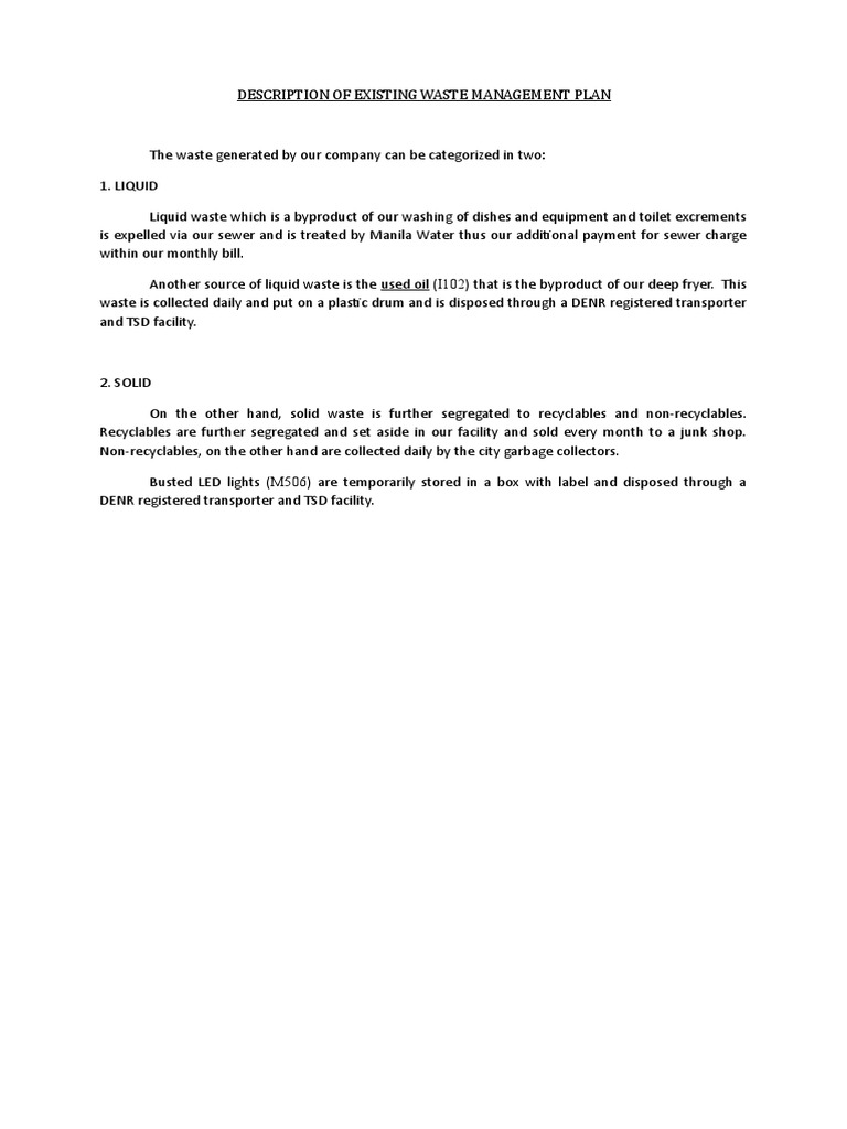 Existing Waste Management and Contingency Plan | PDF