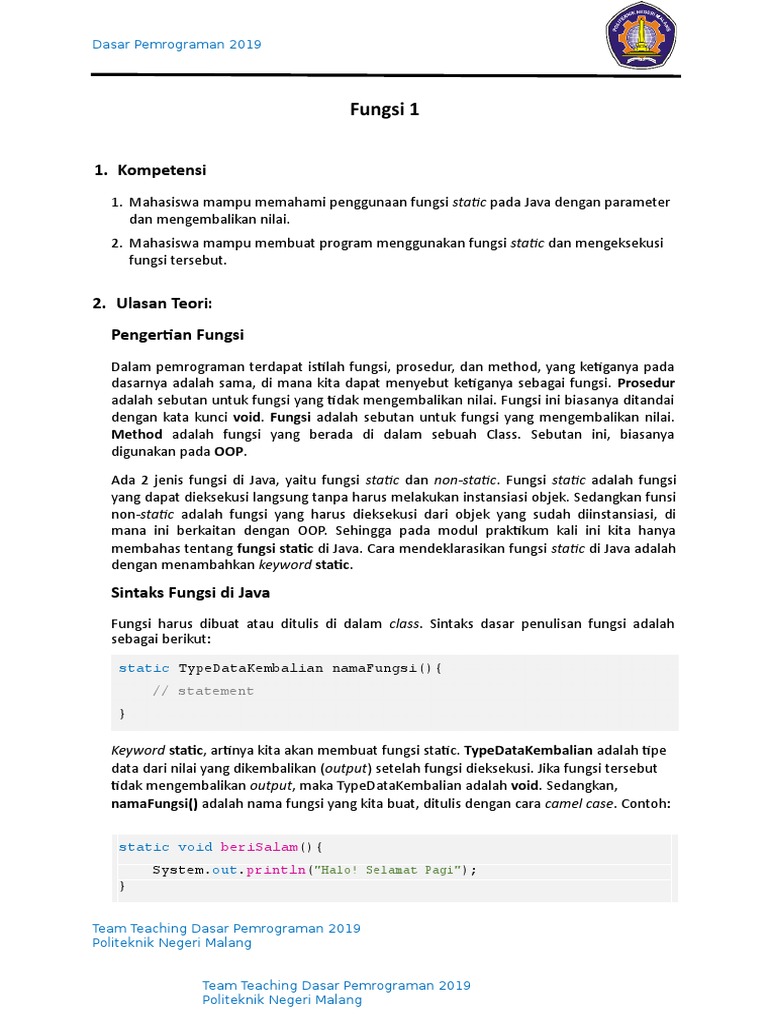 Dasar Pemrograman Java: Fungsi Static | PDF | Metode & Bahan Ajar | Komputer