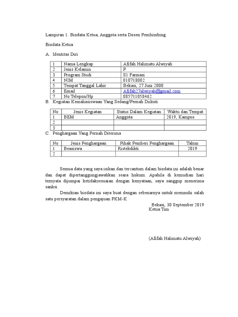 Biodata Anggota Tim PKM-K | PDF