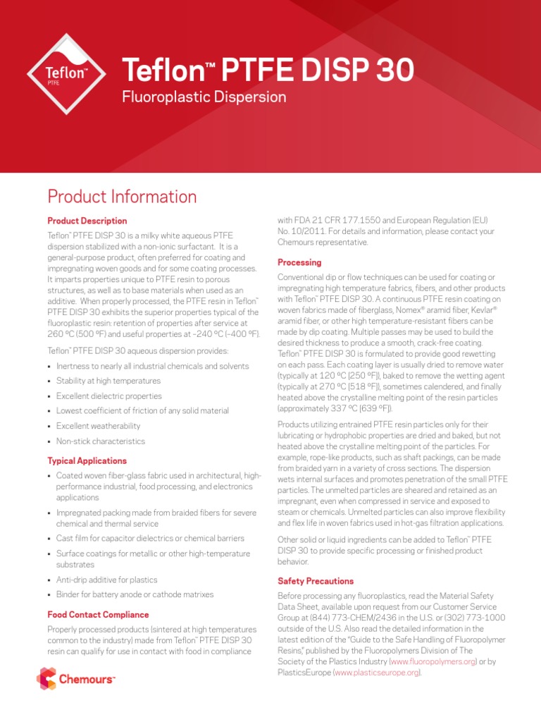 Teflon Ptfe Disp 30 Product Info | PDF | Chemical Substances | Chemistry