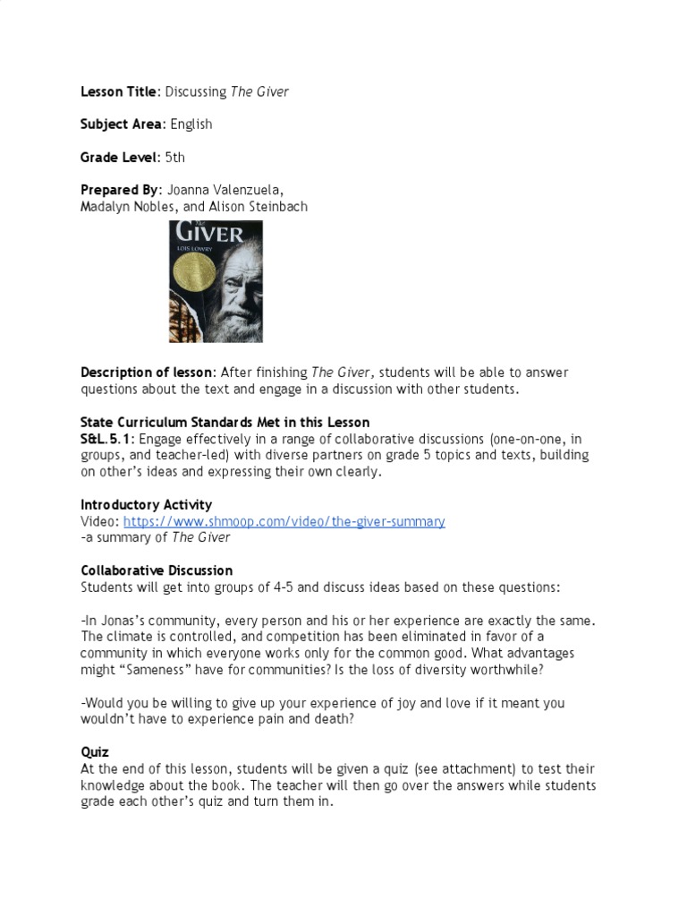 the giver lesson plan
