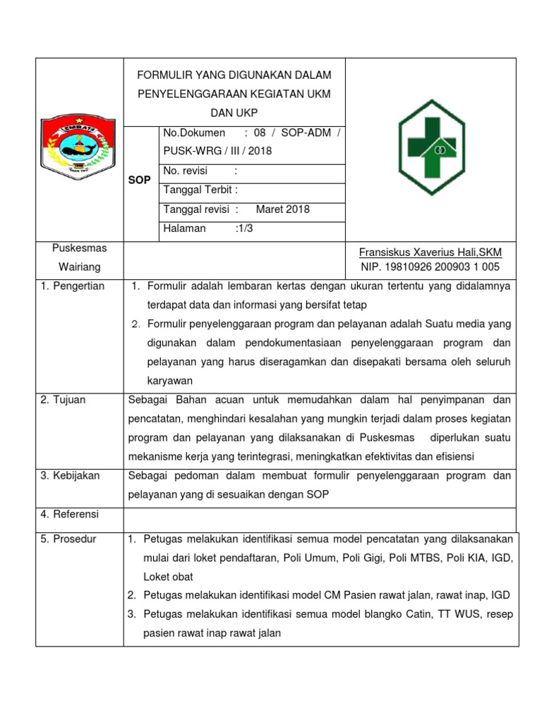 Ep 2 SOP Formulir Yang Digunakan Dalam Penyelenggaraan UKM Dan UKP | PDF
