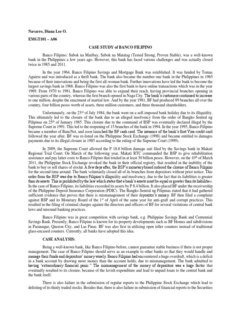 Case Study 1 Banco Filipino | PDF | Banks | Interest