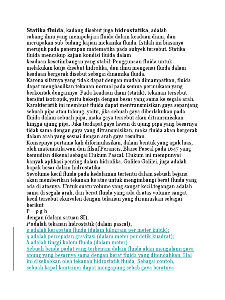 Pengantar Statika Fluida dan Tekanan | PDF