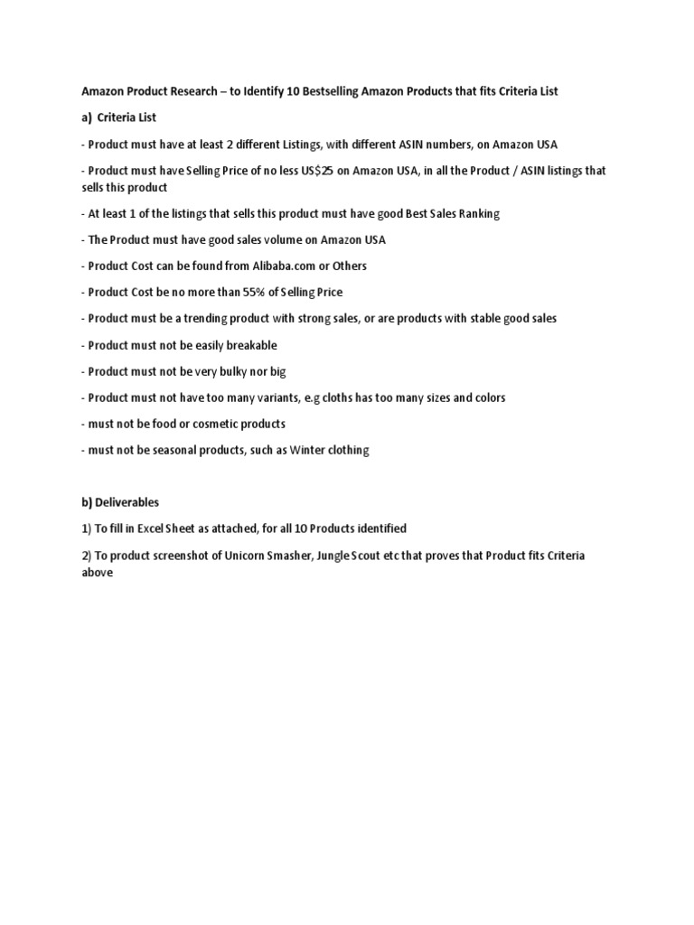 Amazon Product Research Criteria List | PDF