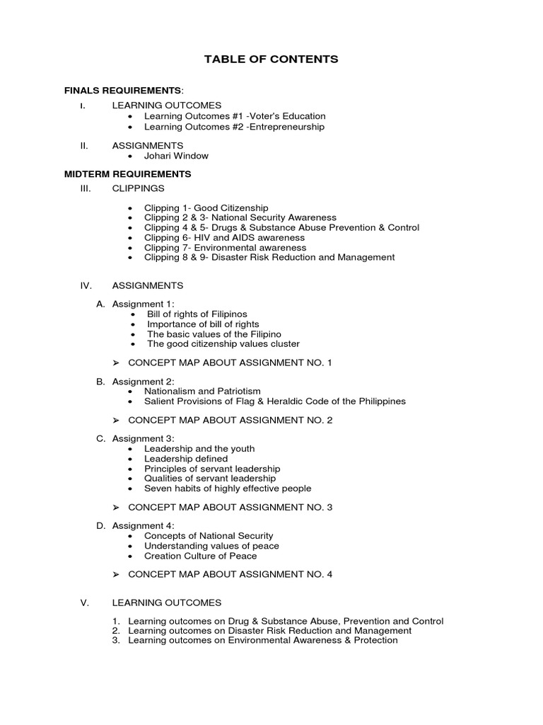 NSTP Table of Contents Finals | PDF