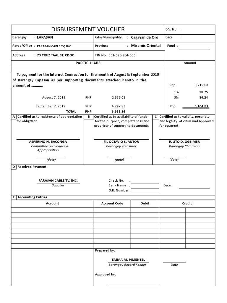 Ensuring Connectivity: A Disbursement Voucher for Internet Services Provided to Barangay Lapasan ...