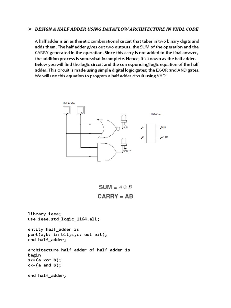 Design A Half Adder Using Dataflow Architecture In Vhdl Code Autorecovered Pdf Logic Gate