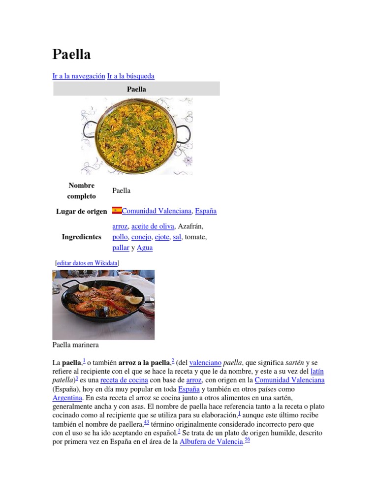 Origen e ingredientes de la paella | PDF | Cocina española | Arroz