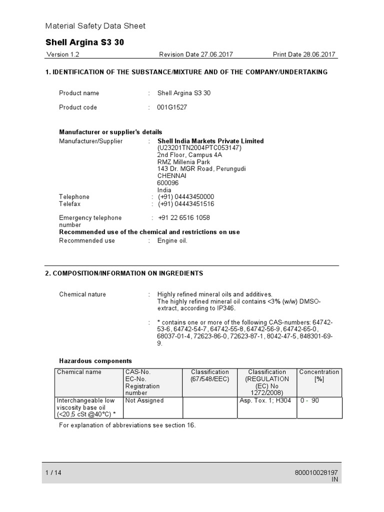 Shell Argina s3 30 | PDF | Toxicity | Personal Protective Equipment