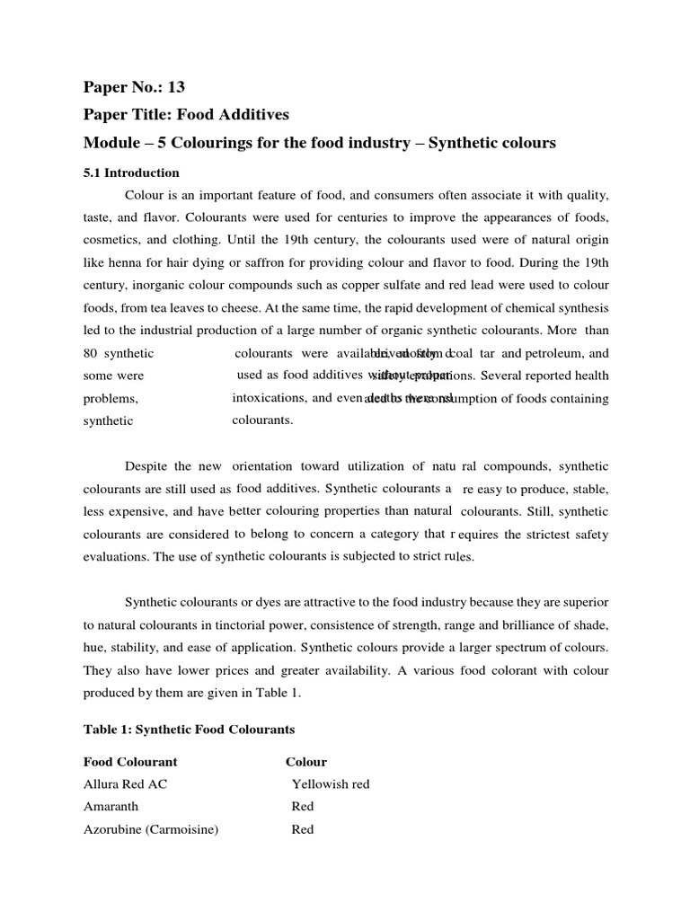 Synthetic Food Colourants: Properties, Approved Uses, and Safety ...